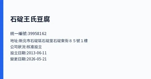 石碇王氏豆腐的照片-統編 39958162(新北市) 公司登記資料與營業項目詳細圖表