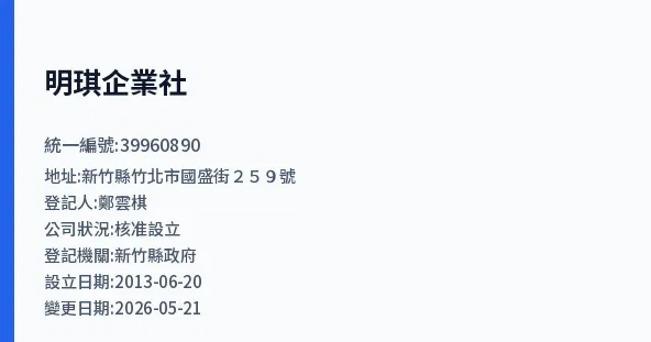 明琪企業社的照片-統編 39960890(新竹縣) 公司登記資料與營業項目詳細圖表