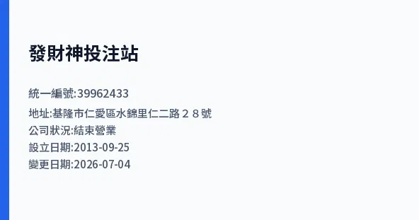 發財神投注站的照片-統編 39962433(基隆市) 公司登記資料與營業項目詳細圖表
