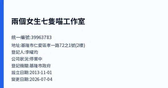兩個女生七隻喵工作室的照片-統編 39963783(基隆市) 公司登記資料與營業項目詳細圖表