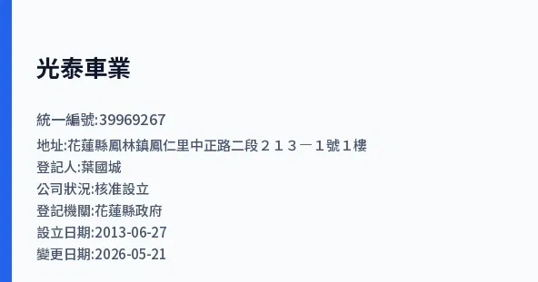 光泰車業的照片-統編 39969267(花蓮縣) 公司登記資料與營業項目詳細圖表