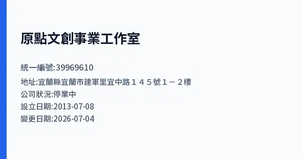 原點文創事業工作室的照片-統編 39969610(宜蘭縣) 公司登記資料與營業項目詳細圖表