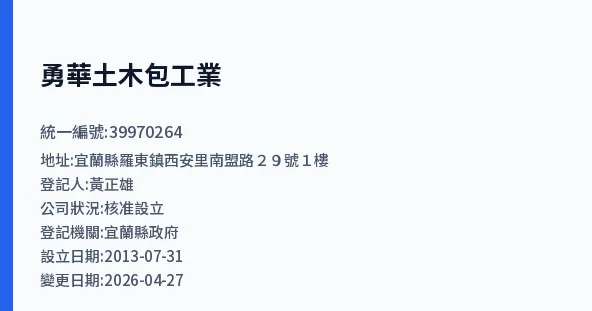勇華土木包工業的照片-統編 39970264(宜蘭縣) 公司登記資料與營業項目詳細圖表