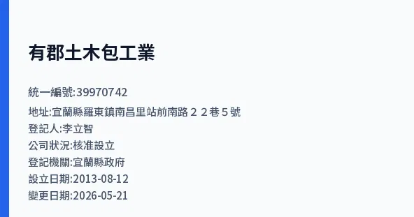 有郡土木包工業的照片-統編 39970742(宜蘭縣) 公司登記資料與營業項目詳細圖表