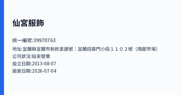 仙宮服飾的照片-統編 39970763(宜蘭縣) 公司登記資料與營業項目詳細圖表