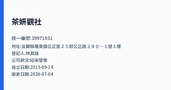 茶妍觀社的照片-統編 39971931(宜蘭縣) 公司登記資料與營業項目詳細圖表