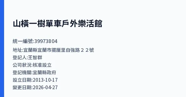 山橫一樹單車戶外樂活館的照片-統編 39973804(宜蘭縣) 公司登記資料與營業項目詳細圖表
