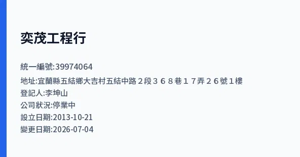 奕茂工程行的照片-統編 39974064(宜蘭縣) 公司登記資料與營業項目詳細圖表