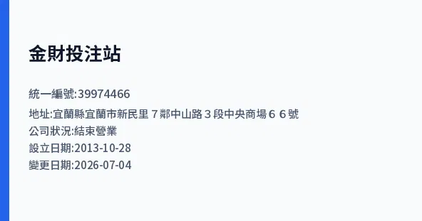 金財投注站的照片-統編 39974466(宜蘭縣) 公司登記資料與營業項目詳細圖表
