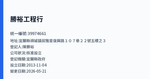 勝裕工程行的照片-統編 39974661(宜蘭縣) 公司登記資料與營業項目詳細圖表