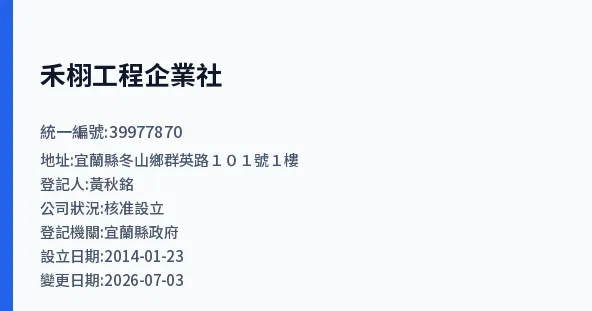 禾栩工程企業社的照片-統編 39977870(宜蘭縣) 公司登記資料與營業項目詳細圖表
