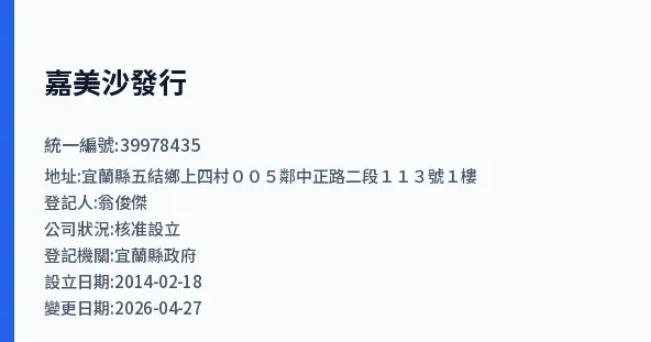 嘉美沙發行的照片-統編 39978435(宜蘭縣) 公司登記資料與營業項目詳細圖表