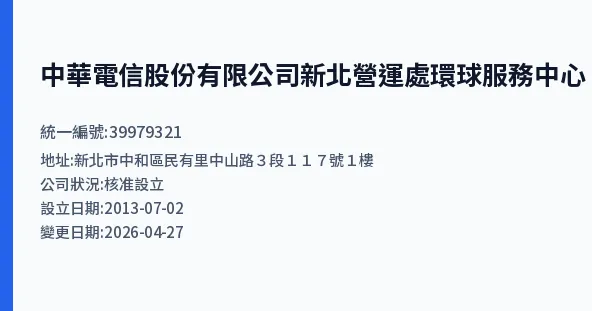 中華電信股份有限公司新北營運處環球服務中心的照片-統編 39979321(新北市) 公司登記資料與營業項目詳細圖表