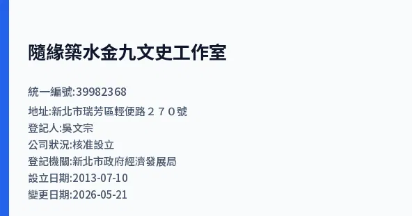 隨緣築水金九文史工作室的照片-統編 39982368(新北市) 公司登記資料與營業項目詳細圖表