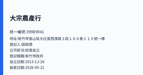 大宗農產行的照片-統編 39985941(新竹市) 公司登記資料與營業項目詳細圖表