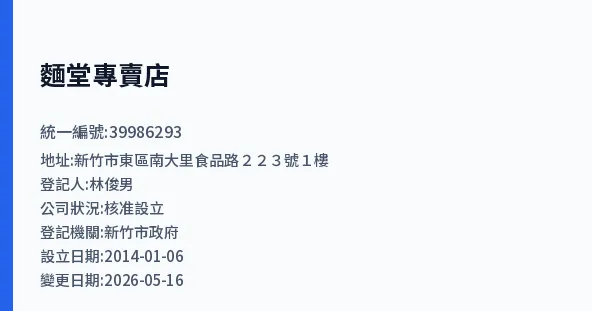 麵堂專賣店的照片-統編 39986293(新竹市) 公司登記資料與營業項目詳細圖表