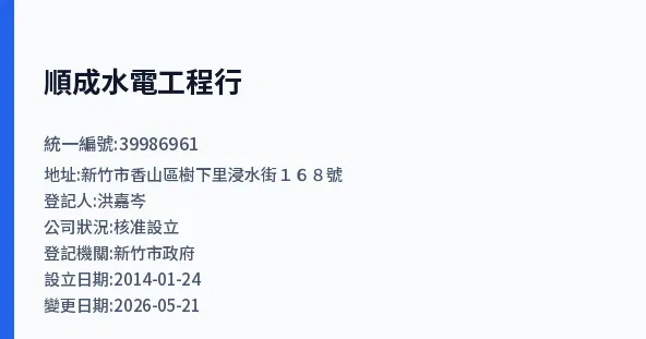 順成水電工程行的照片-統編 39986961(新竹市) 公司登記資料與營業項目詳細圖表