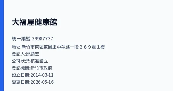 大福屋健康館的照片-統編 39987737(新竹市) 公司登記資料與營業項目詳細圖表