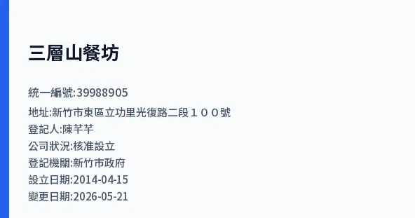 三層山餐坊的照片-統編 39988905(新竹市) 公司登記資料與營業項目詳細圖表