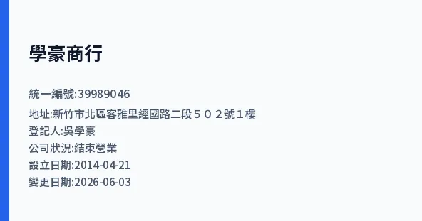 學豪商行的照片-統編 39989046(新竹市) 公司登記資料與營業項目詳細圖表