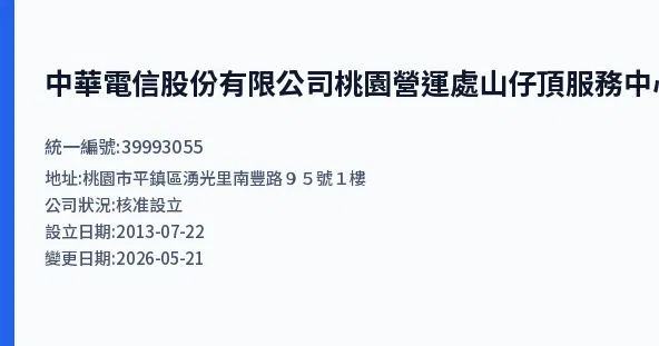 中華電信股份有限公司桃園營運處山仔頂服務中心的照片-統編 39993055(桃園市) 公司登記資料與營業項目詳細圖表