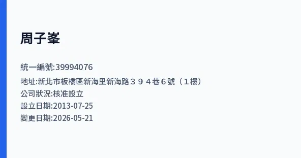 周子峯的照片-統編 39994076(新北市) 公司登記資料與營業項目詳細圖表