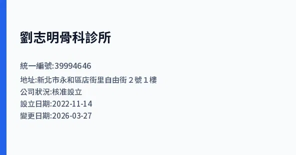 劉志明骨科診所的照片-統編 39994646(新北市) 公司登記資料與營業項目詳細圖表
