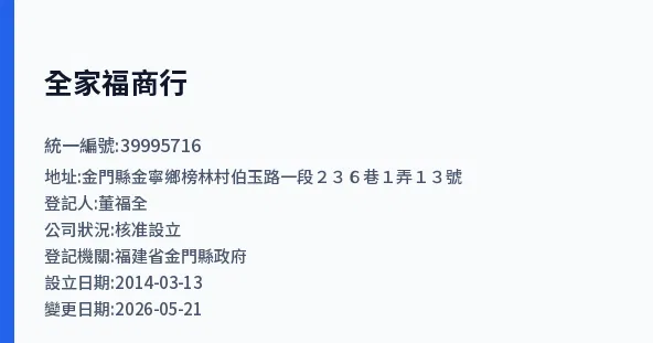 全家福商行的照片-統編 39995716(金門縣) 公司登記資料與營業項目詳細圖表