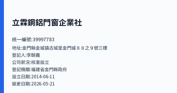 立霖鋼鋁門窗企業社的照片-統編 39997783(金門縣) 公司登記資料與營業項目詳細圖表