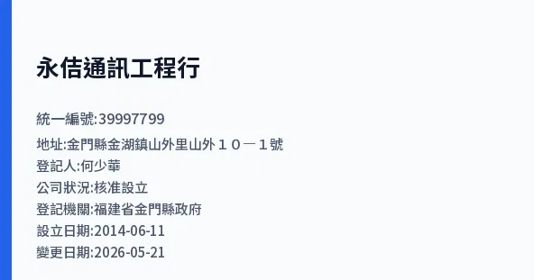 永佶通訊工程行的照片-統編 39997799(金門縣) 公司登記資料與營業項目詳細圖表