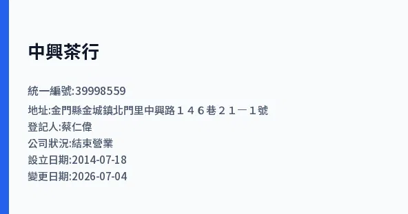 中興茶行的照片-統編 39998559(金門縣) 公司登記資料與營業項目詳細圖表
