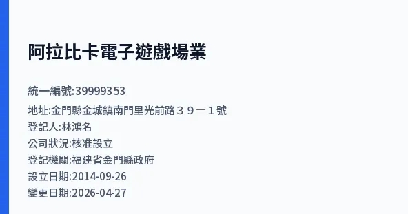 阿拉比卡電子遊戲場業的照片-統編 39999353(金門縣) 公司登記資料與營業項目詳細圖表