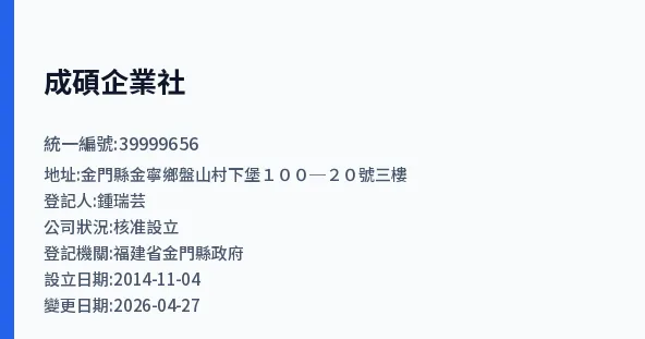 成碩企業社的照片-統編 39999656(金門縣) 公司登記資料與營業項目詳細圖表