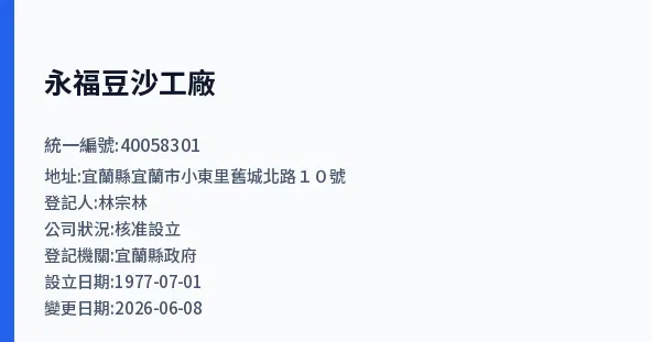 永福豆沙工廠的照片-統編 40058301(宜蘭縣) 公司登記資料與營業項目詳細圖表