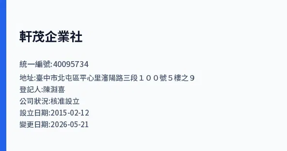 軒茂企業社的照片-統編 40095734(臺中市) 公司登記資料與營業項目詳細圖表