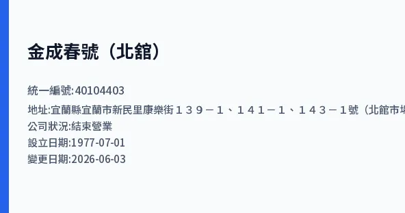 金成春號(北舘)的照片-統編 40104403(宜蘭縣) 公司登記資料與營業項目詳細圖表
