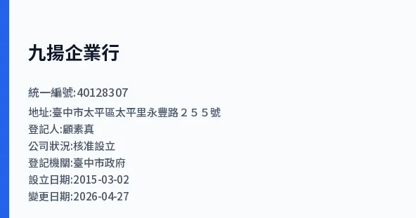 九揚企業行的照片-統編 40128307(臺中市) 公司登記資料與營業項目詳細圖表