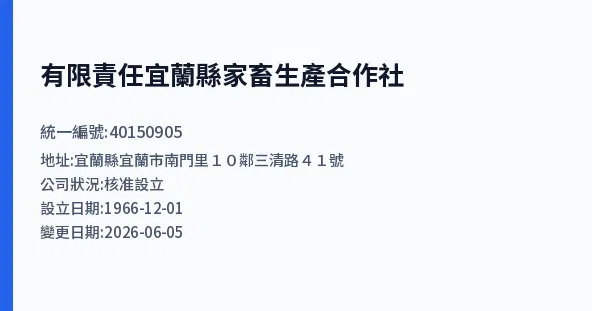 有限責任宜蘭縣家畜生產合作社的照片-統編 40150905(宜蘭縣) 公司登記資料與營業項目詳細圖表