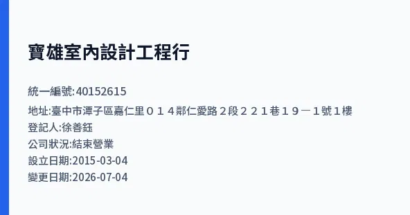 寶雄室內設計工程行的照片-統編 40152615(臺中市) 公司登記資料與營業項目詳細圖表