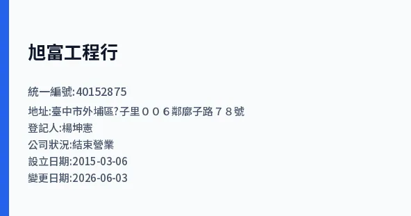 旭富工程行的照片-統編 40152875(臺中市) 公司登記資料與營業項目詳細圖表