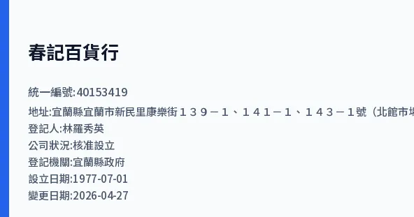 春記百貨行的照片-統編 40153419(宜蘭縣) 公司登記資料與營業項目詳細圖表