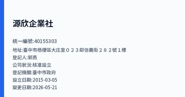 源欣企業社的照片-統編 40155303(臺中市) 公司登記資料與營業項目詳細圖表