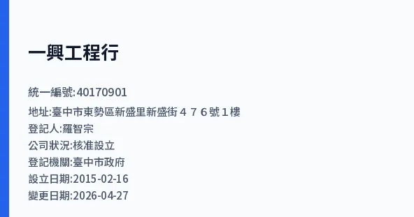 一興工程行的照片-統編 40170901(臺中市) 公司登記資料與營業項目詳細圖表