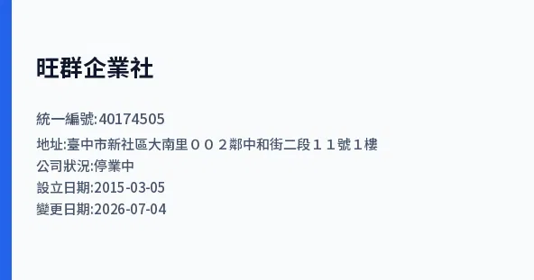 旺群企業社的照片-統編 40174505(臺中市) 公司登記資料與營業項目詳細圖表