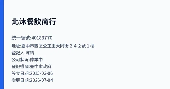 北沐餐飲商行的照片-統編 40183770(臺中市) 公司登記資料與營業項目詳細圖表