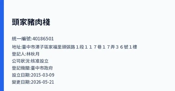 頭家豬肉棧的照片-統編 40186501(臺中市) 公司登記資料與營業項目詳細圖表