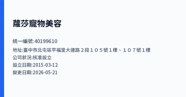 蘿莎寵物美容的照片-統編 40199610(臺中市) 公司登記資料與營業項目詳細圖表