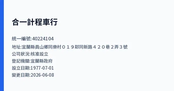 合一計程車行的照片-統編 40224104(宜蘭縣) 公司登記資料與營業項目詳細圖表