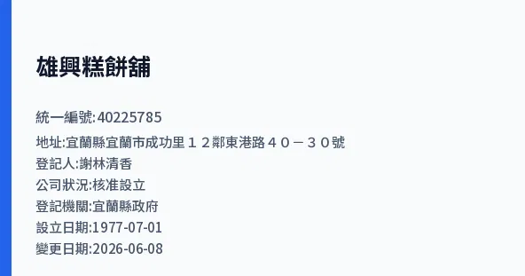 雄興糕餅舖的照片-統編 40225785(宜蘭縣) 公司登記資料與營業項目詳細圖表