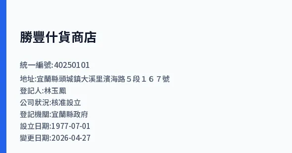 勝豐什貨商店的照片-統編 40250101(宜蘭縣) 公司登記資料與營業項目詳細圖表